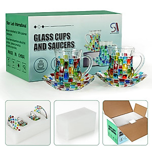 StarLuckINT Unique glass teacups, 4 oz glass espresso cups and saucers, hand-painted stained cups, set of 2, dishwasher microwave safe, for Lungo, Moka, Americano and small hot drinks (warm colors)