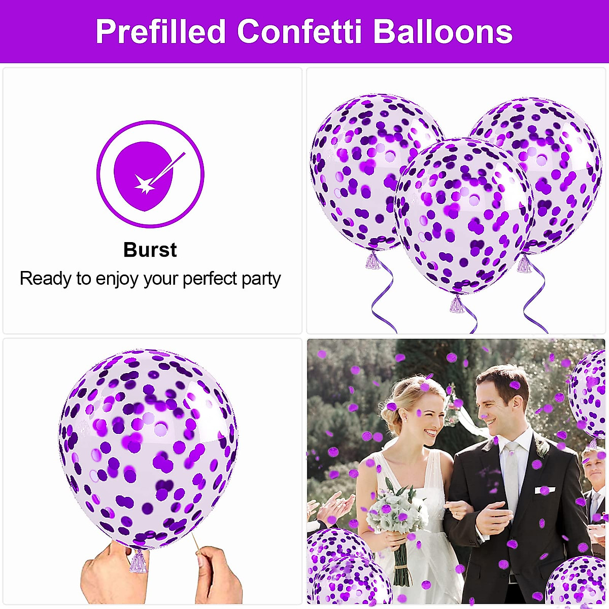 Purple Balloons Set, 60PCS Purple White Birthday Balloons, Metallic Purple Confetti Balloons Pearl Purple Latex Balloons Helium Wedding Party Balloons for Birthday Bridal Shower Baby Shower Supplies