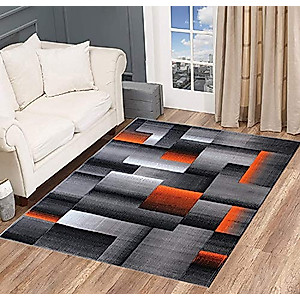Champion Rugs Modern Geometric Abstract Boxes Squares Orange Grey Black Carpet Bedroom Living Room Contemporary Dining Accent (5’ 3” X 7’ 5”)