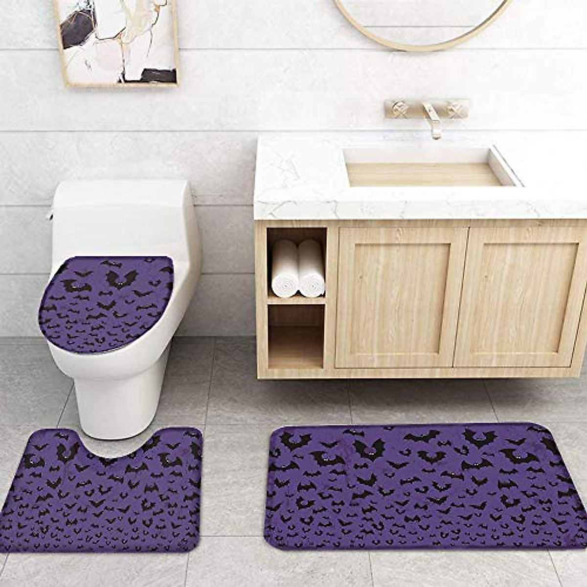 Halloween Scene 4 PCS Shower Curtain Sets, Shower Curtains with Plastic Hooks, Anti-Skid Rugs, Toilet Lid Cover and Soft Bath Mat, for Bathroom Decor Set Flock of Bats Silhouette Purple Style