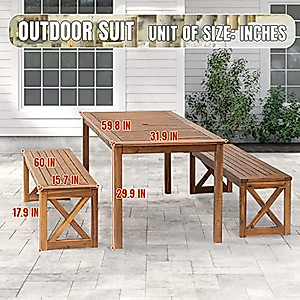PayLessHere 3 Piece Acacia Wood Outdoor Dining Table and Bench Set Patio Bench Dining Table Outdoor Wooden Table & Bench Set for Backyard,Patio,Garden Outdoor Lounge Furniture,Nature