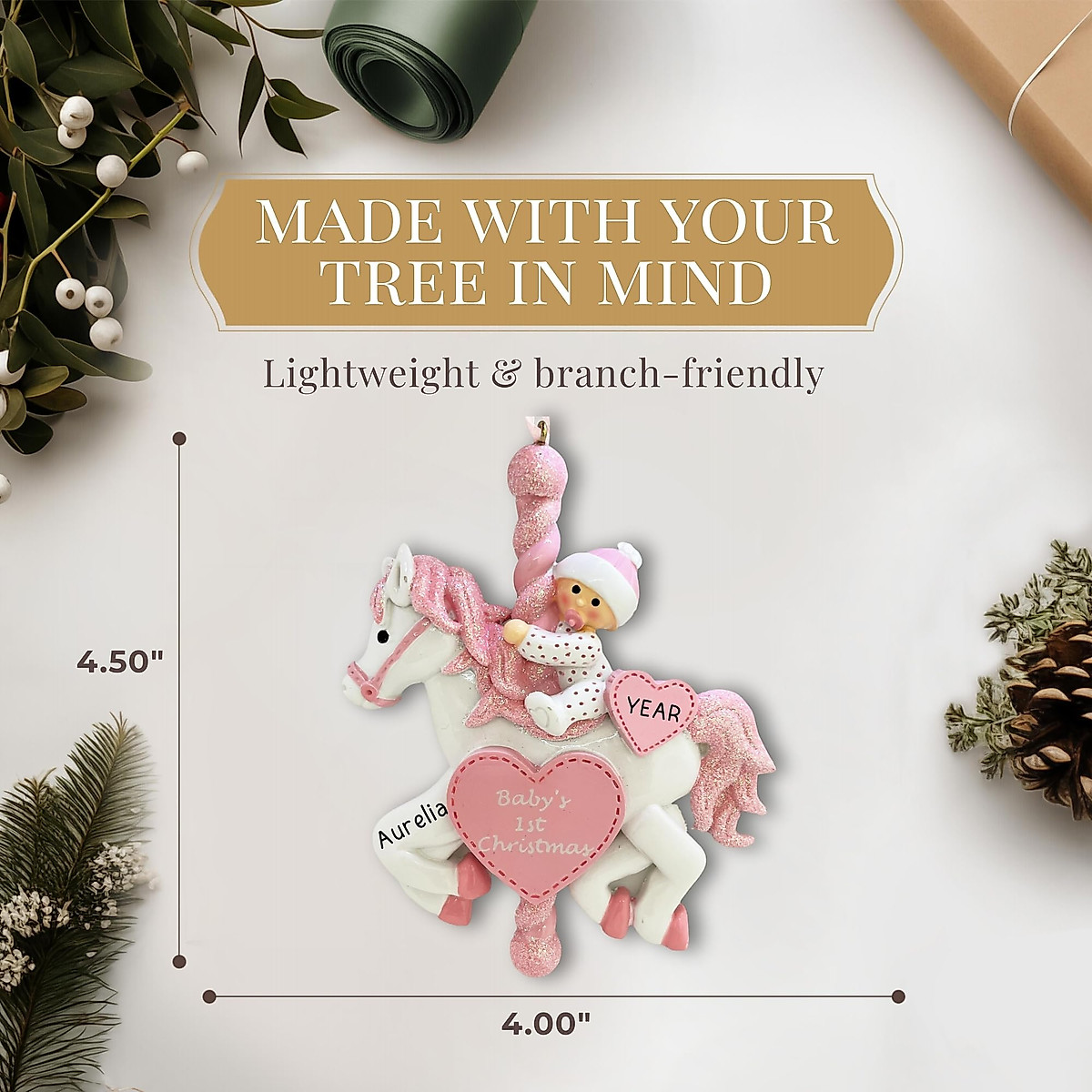 Personalized Babys First Christmas Ornament 2024 Girl – Fast & Free 24h Customization – New Baby Ornament for Tree – Custom Gift Wrapped Pink Baby Carousel 1st Christmas Ornament