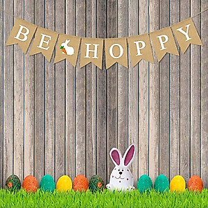 Rainlemon Jute Burlap Be Hoppy Banner with Bunny Spring Easter Party Decoration Supply