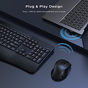 Wireless Keyboard and Mouse - Ergonomic Keyboard and Mouse Combo Full Size Keyboard Cordless with Palm Wrist Rest Ergonomic Mouse Wireless for Windows Computers Laptops - Black