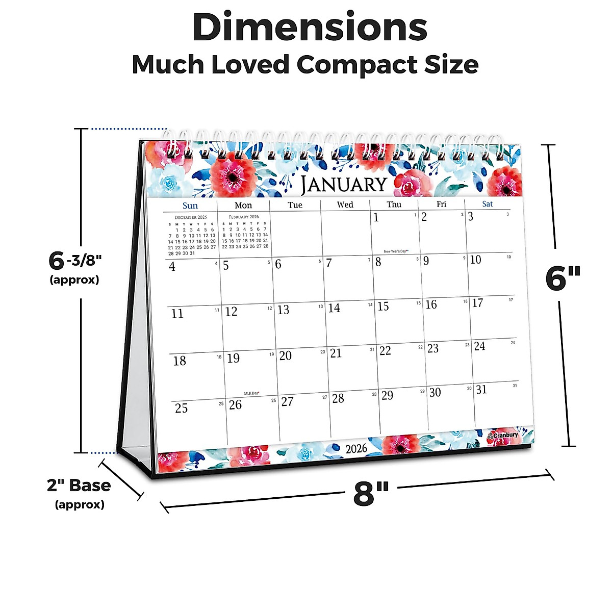 CRANBURY Small Desk Calendar 2023 - (8x6, Floral), Standing Desk Calendar with Gorgeous Flower Designs, Easel Calendar, Stand Up Calendar with Stickers