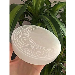 CrystalsAhoy Ethically Mined, Locally Etched 3" Selenite charging plate etched with crescent moon design, Ethically Sourced Selenite Etched in the USA
