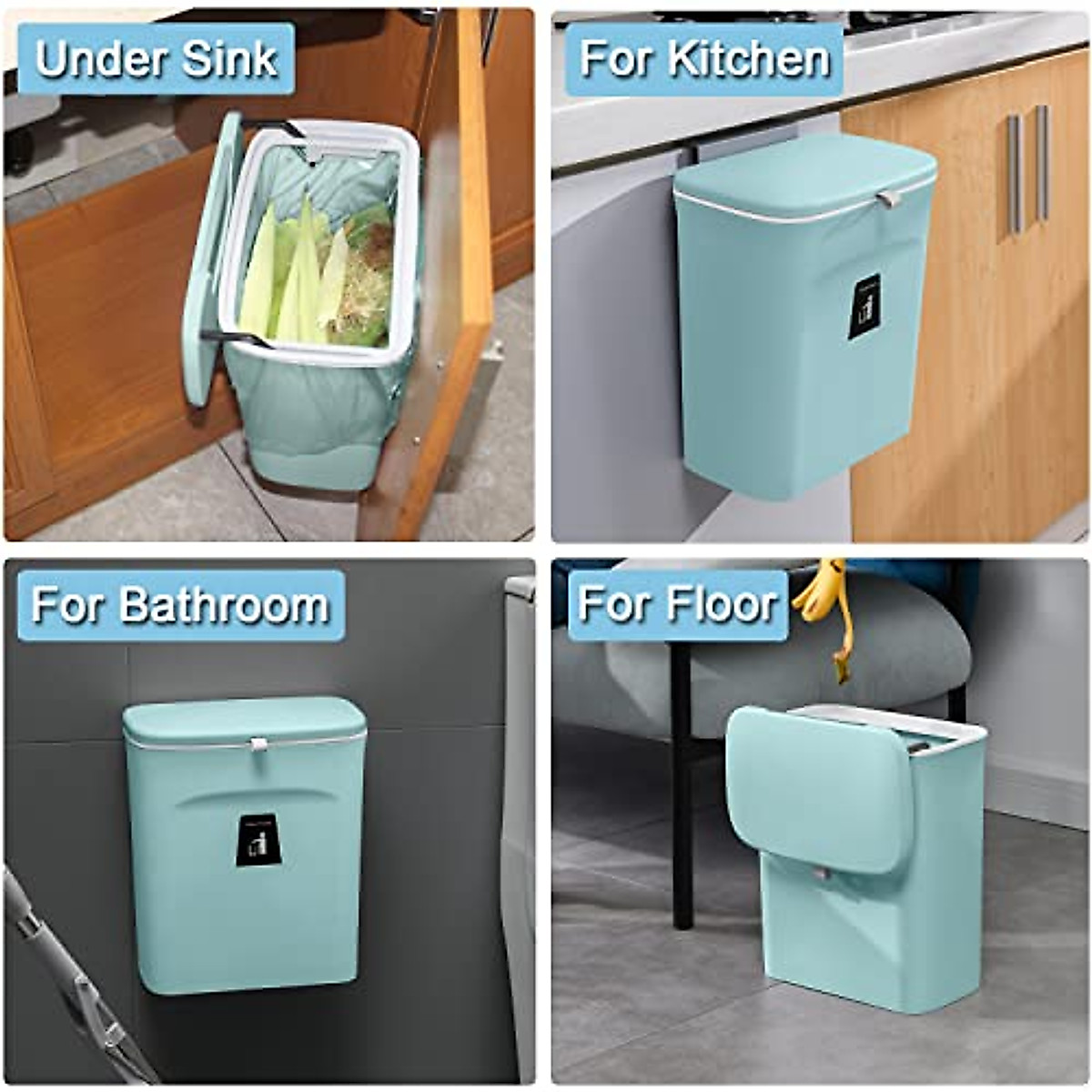 2.4 Gallon Kitchen Compost Bin for Counter Top or Under Sink, Hanging Small Trash Can with Lid for Cupboard/Bathroom/Bedroom/Office/Camping, Mountable Indoor Compost Bucket (Blue)