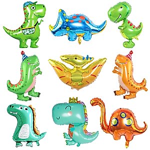 9 Giant 3D Dinosaur Balloons (20-35in), Dino Balloons for Birthday Party Decorations - Self-Standing, Cute, and Colorful Aluminium Foil Balloons for Kids and Adults