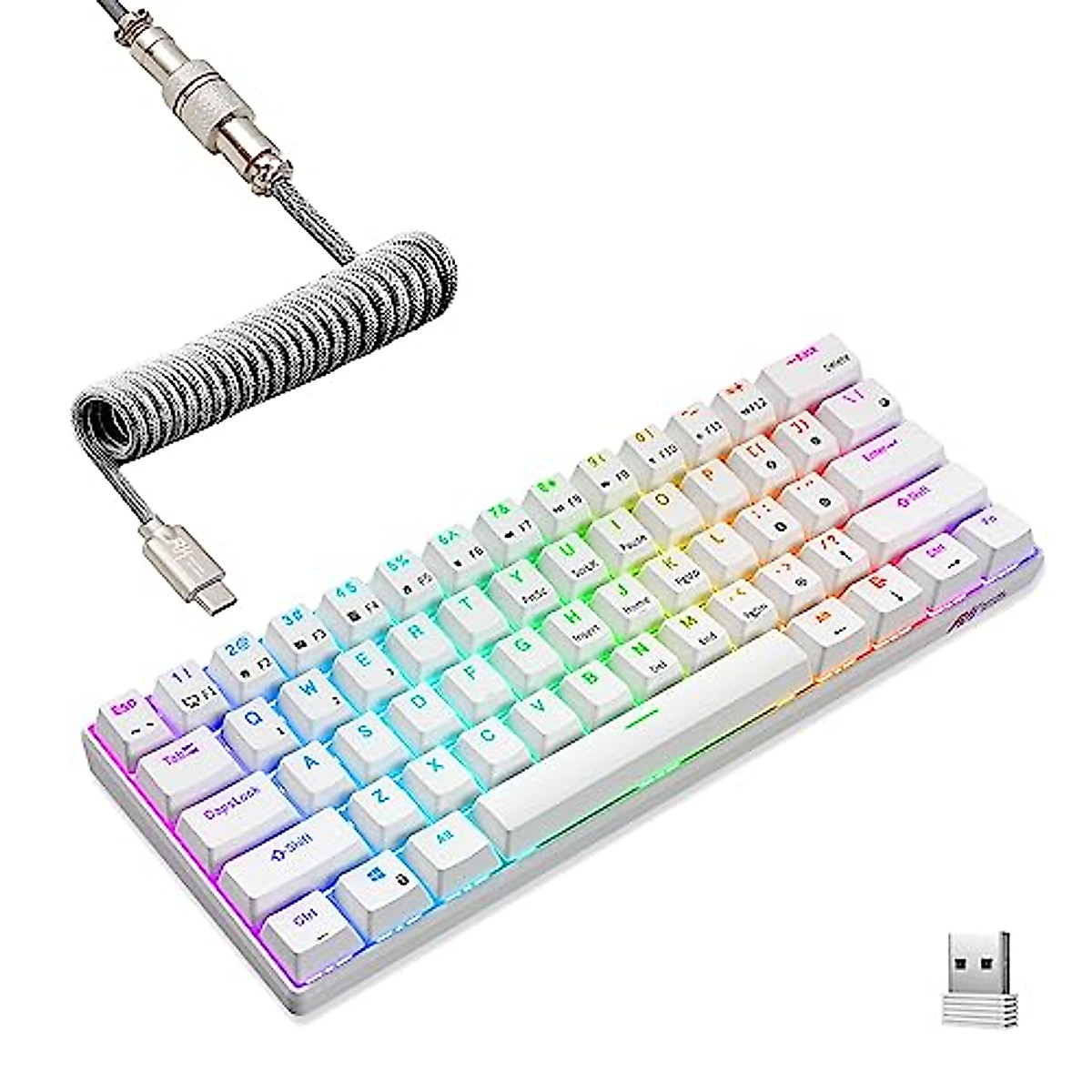 RK ROYAL KLUDGE RK61 60% Mechanical Keyboard with Coiled Cable, 2.4Ghz/Bluetooth/Wired, Wireless Bluetooth Mini Keyboard 61 Keys, RGB Hot Swappable Brown Switch Gaming Keyboard with Software - White
