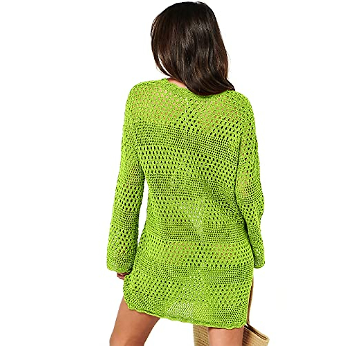 ANRABESS Women Swimsuit Crochet Swim Cover Up Summer Bathing Suit Swimwear Knit Pullover Beach Dress 958yingguanglv-L