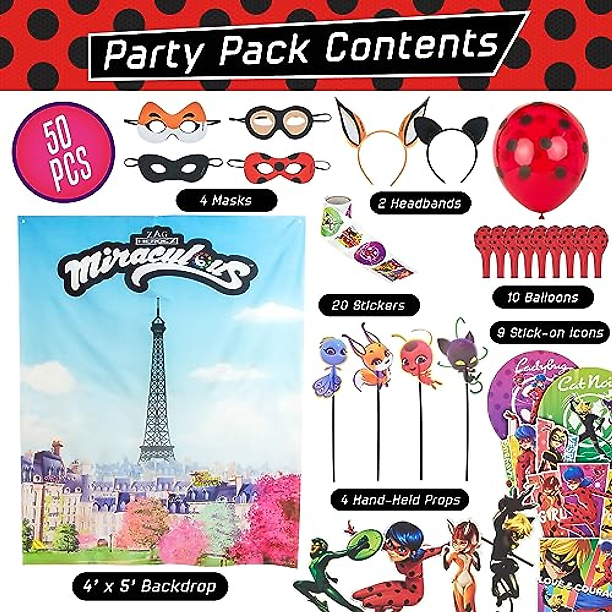 Miraculous 50-Piece Mega Party Pack - All-In-One Party Box For Zag Heroez Themed Birthday Party, Ladybug Party In A Box Celebration Kit, Backdrop and Party Props For Kids Birthday Party