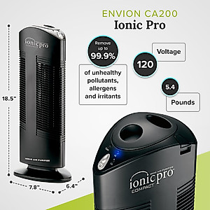 ENVION CA200 Ionic Pro Medium Room Silent Compact Tower Air Purifier with High and Low Settings, Removes Pollen, Smoke, and Irritant Particles, Black