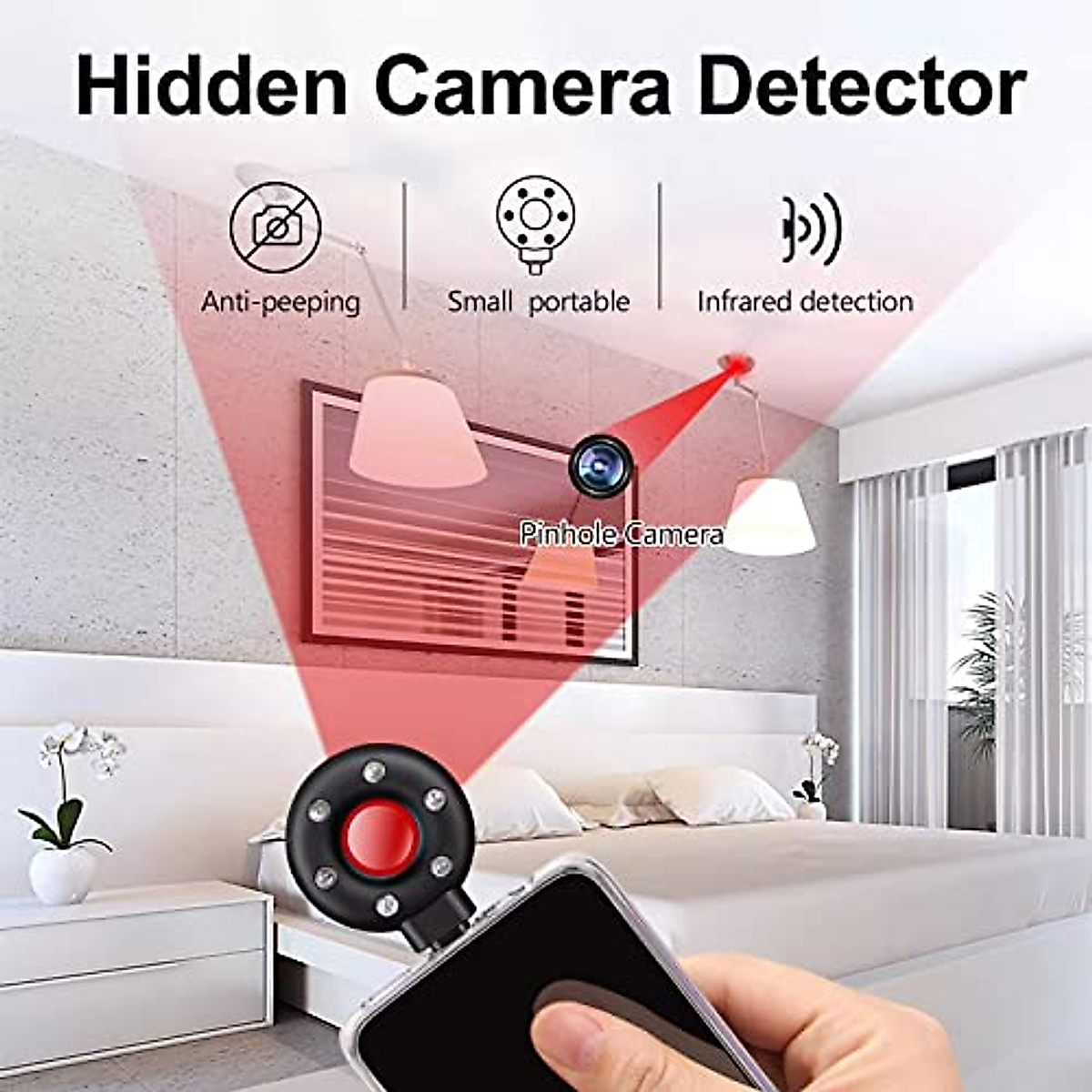 Hidden Devices Detector Hidden Camera Detectors Anti Spy Detector Camera Finder Spy LED Hidden Device Detector with Infrared Viewfinders Pocket Sized USB-C & Lightning Charging (Lightning Black)