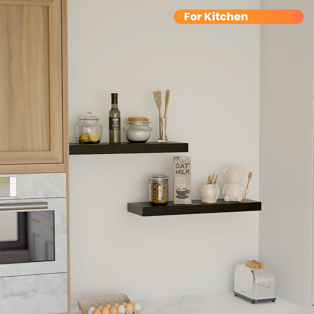 BATODA 17 Inch Black Floating Shelves Wall Mounted for Bathroom – Rustic Farmhouse Wooden Wall Storage Shelf Bedroom, Kitchen, Home Décor - Brackets and Shelving Mounting (Set of 2 Acacia Wood)