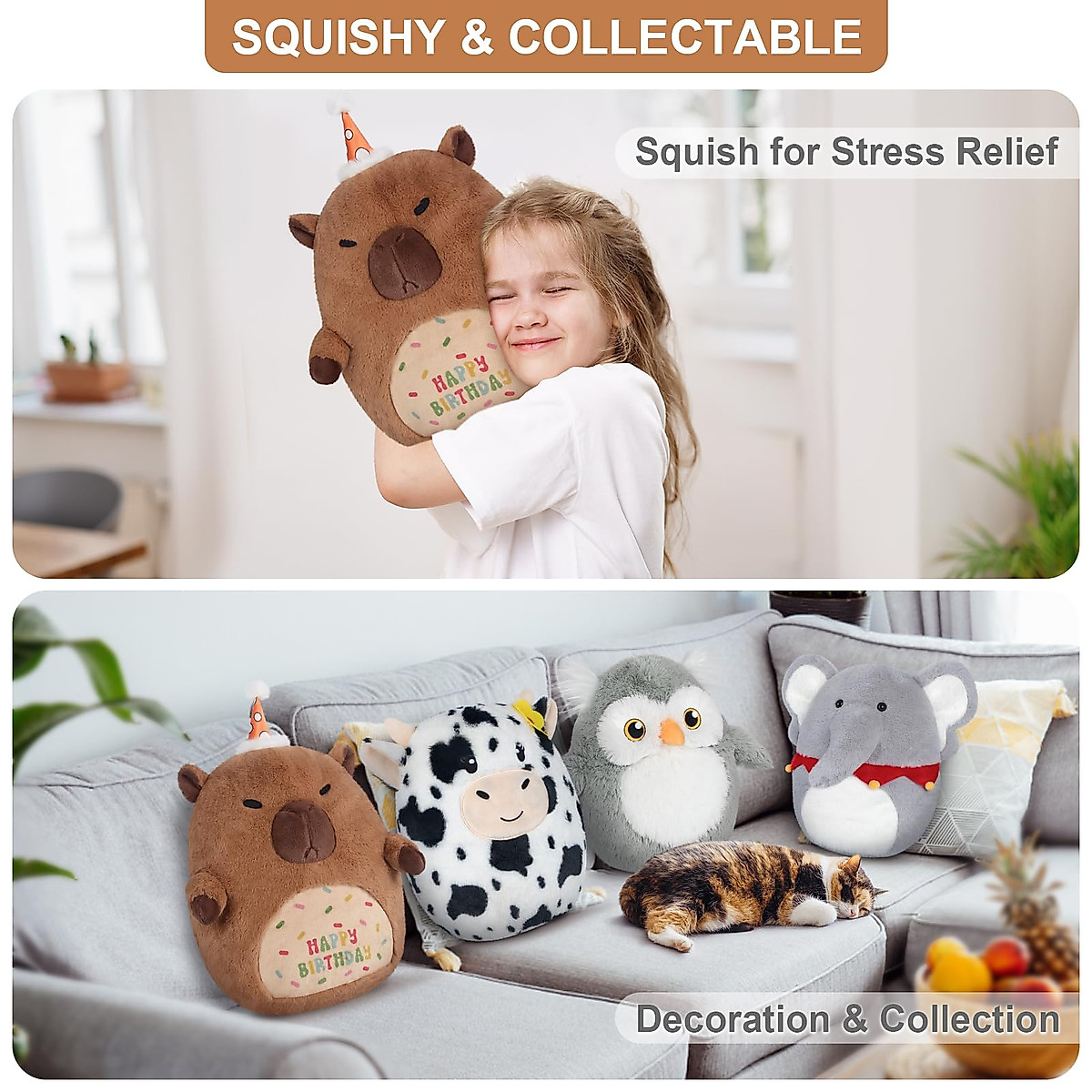 SuzziPals 17" Happy Birthday Capybara Plush Pillows, Squish Capybara Stuffed Animals, Stuffed Capybara Birthday Gifts for Girls & Boys, Capybara Plushies Couch Pillows for Decor, Cute Capybara Gifts