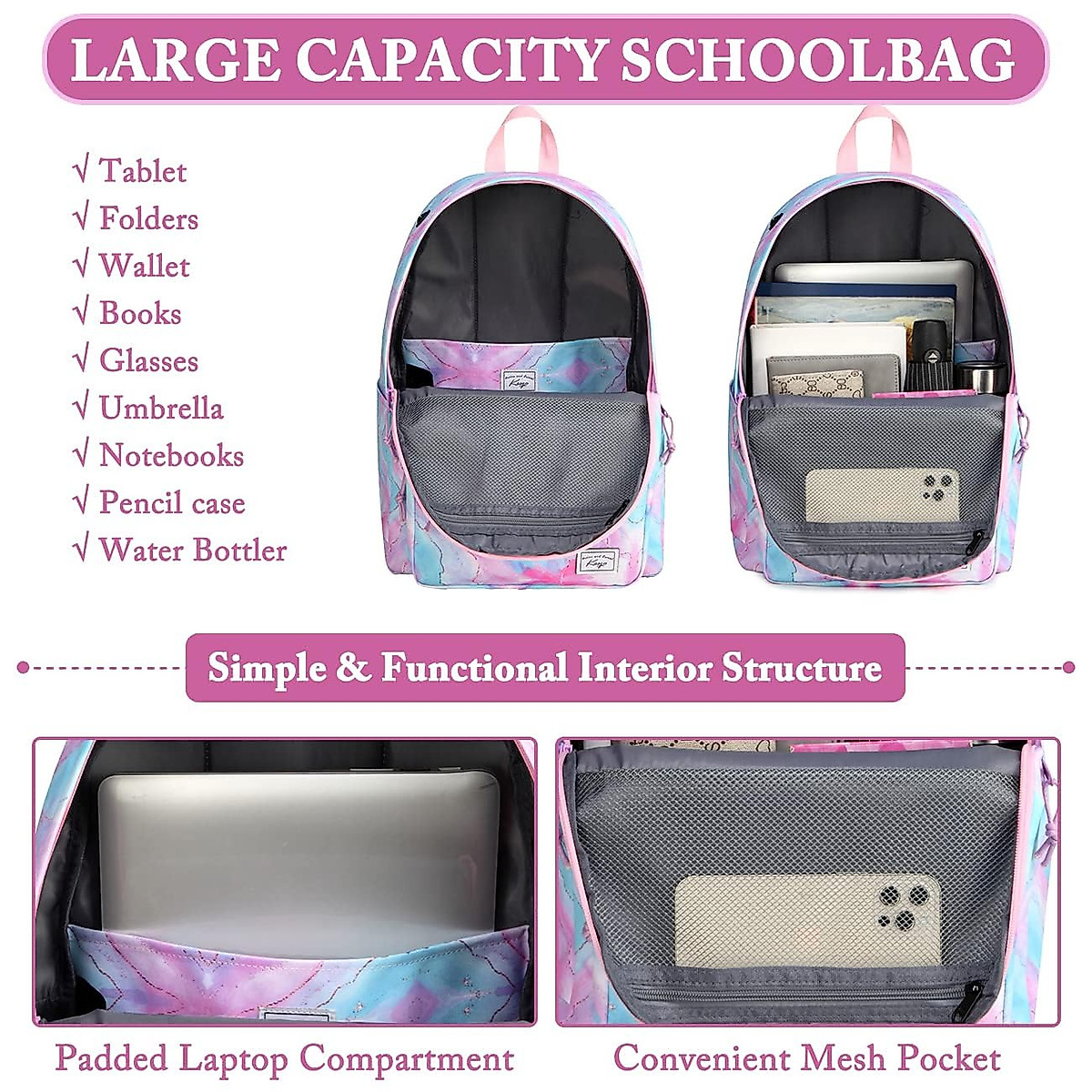 Kasqo School Backpack, 15.6 Inch Classic Lightweight Water-Resistant Backpack Bookbag Daypack for Women Teens Girls Kids College, Travel, Work, Multicolour