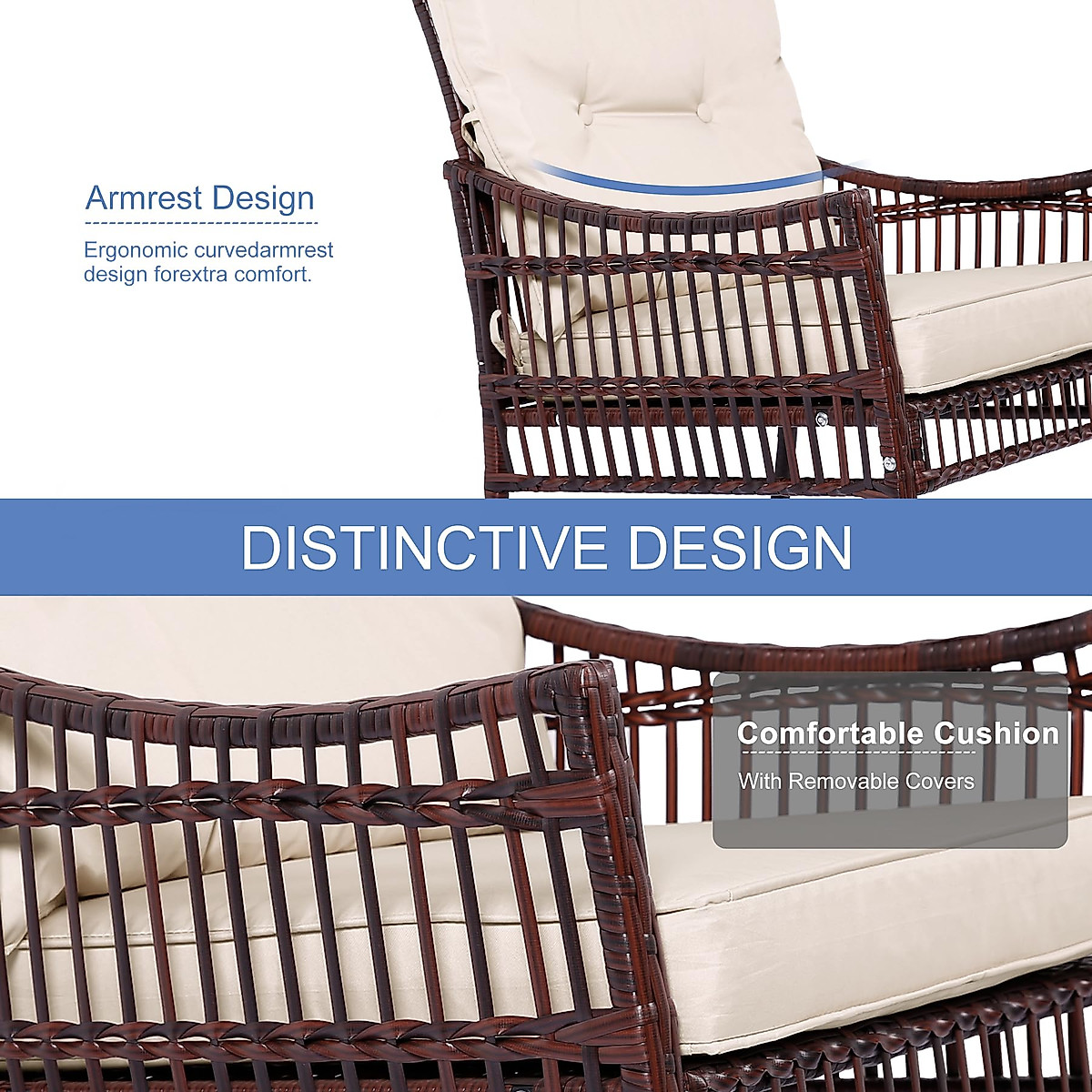 BALDPER 3 PCS Patio Conversation Chair Set with Coffee Table, Rocking Bistro Set, Outdoor Rocking Chairs Set, Wicker Furniture for Porch Deck Garden Poolside, Beige