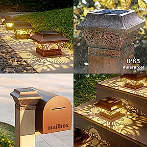 DenicMic Solar Post Lights 2 Pack Solar Post Cap Lights Outdoor Waterproof Metal Warm White LED Lighting 25 Lumen for 3.5x3.5 4x4 5x5 Wooden Fence Posts, Deck Rail, Yard, Patio, Garden (Copper)
