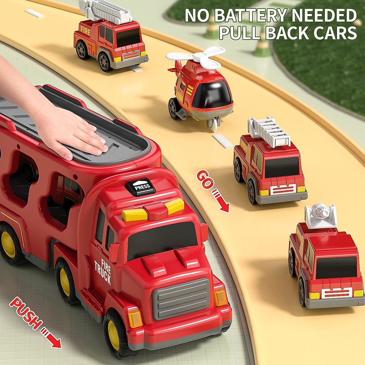 TEMI Fire Toys for 3 4 5 6 Years Old Boys Girls - 5 in 1 Carrier Truck Transport for Toddlers 1-3, Friction Power Vehicles for Kids 3-5, Christmas Birthday Gifts - Age 3-9