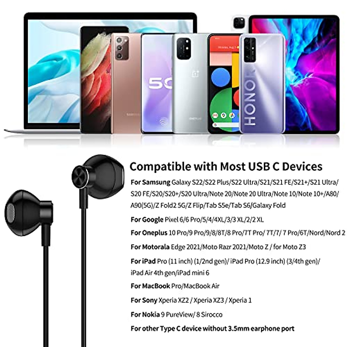 USB C Headphones, ACAGET Galaxy S21 Ultra Earbuds Wired Earphone for Android Semi in Ear USB Type C Headphone HiFi Stereo USB C Earphones for Samsung Galaxy S22 S23 Plus S20 FE A53 Tab S7 S6 S5e Black