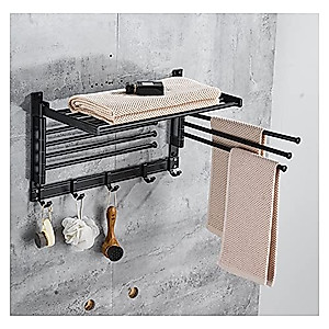 Gtouse Stainless Steel Towel Rack,23 Inch Bathroom Towel Rack with Shelf,Foldable Towel Shelf with Movable Hooks Rustproof Towel Storage Wall Mount for Bathroom Lavatory Matte Black