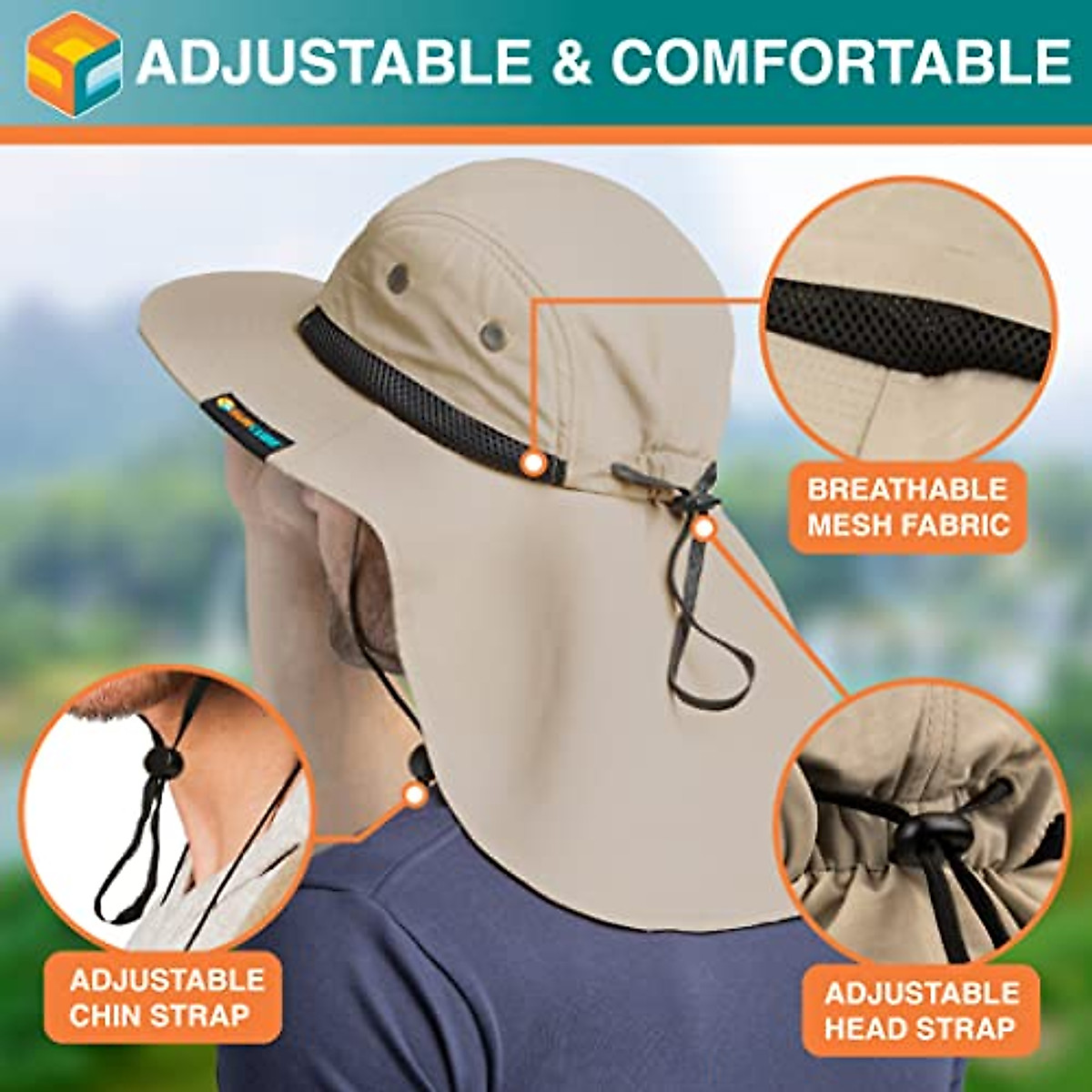 SUN CUBE Sun Hat for Men, Wide Brim Fishing Hat Neck Flap Cover Men Women, Hiking Safari, UV Sun Protection Summer Gardening Beach Camping UPF 50+, Tan
