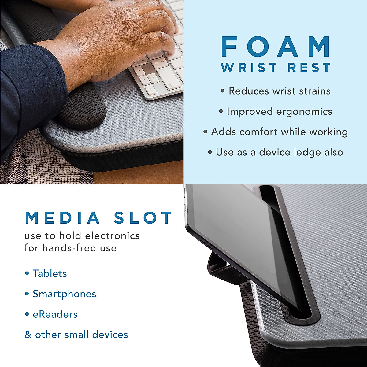 LAPGEAR Memory Foam Lap Desk with Wrist Rest and Media Slot - Large - Silver Carbon - Fits up to 17.3 Inch Laptops and Most Tablets - Style No. 91365