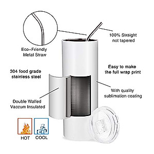 PYD Life Sublimation Blanks Skinny Tumbler White 20 OZ Straight Stainless Steel Tumbler with Metal Straw for Mug Tumbler Heat Press Machine Sublimation Printing 4 Pack