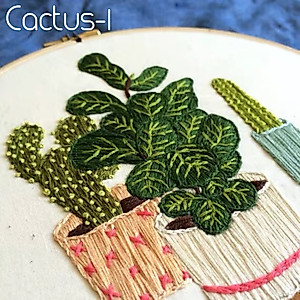 Highkick Embroidery Starter Kits for Adults Beginners with Stamped Pattern, Embroidery Floss + Needles + Hoop, Cactus Series, 3 Pack