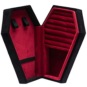 Giftop Velvet Coffin Jewelry Travel Case Holder for Gothic Wedding Ceremony,Gothic Jewelry Organizer Decoration (Black and Red)