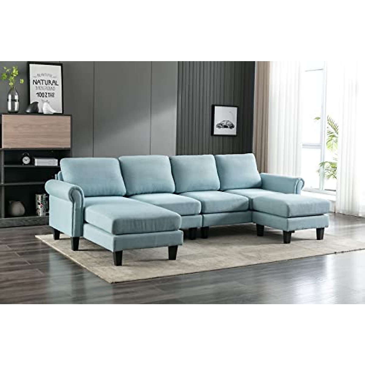 Wekity Sectional Sofa, Minimalist Sectional Couch with Ottomans, U-Shaped Modern Fabric Modular Sofa for Living room (Light Blue)