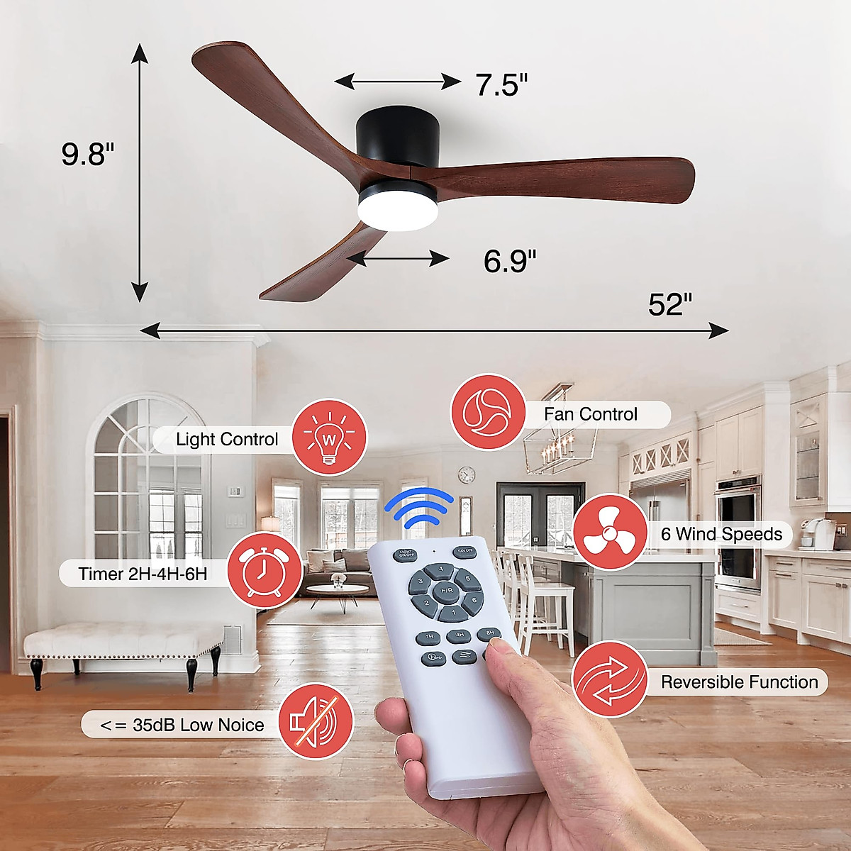 HUMHOLD 52" Wood Ceiling Fan with Lights Remote, Reversible DC Motor 6-Speed Ceiling Fan, 3 Blades Low Profile Flush Mount Ceiling Fans, Modern Ceilingfans for Low Profile, Walnut and Matte Black