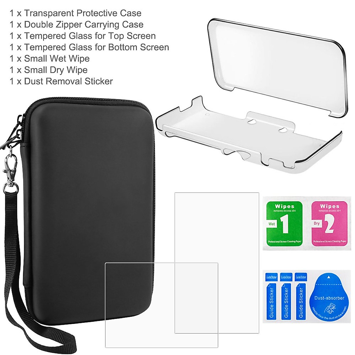 Protective Cases Compatible New 2DS XL with Screen Protectors, AFUNTA 1 Crystal Clear Case and 1 EVA Carrying Case for Console, with 2 Pcs Anti-Scratch Tempered Glass Films for Screens