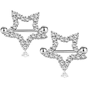 Salwosai 14G Stainless Steel Nipple Rings Glitter CZ Star Straight Barbell Bars Tongue Ring Body Piercing Jewelry