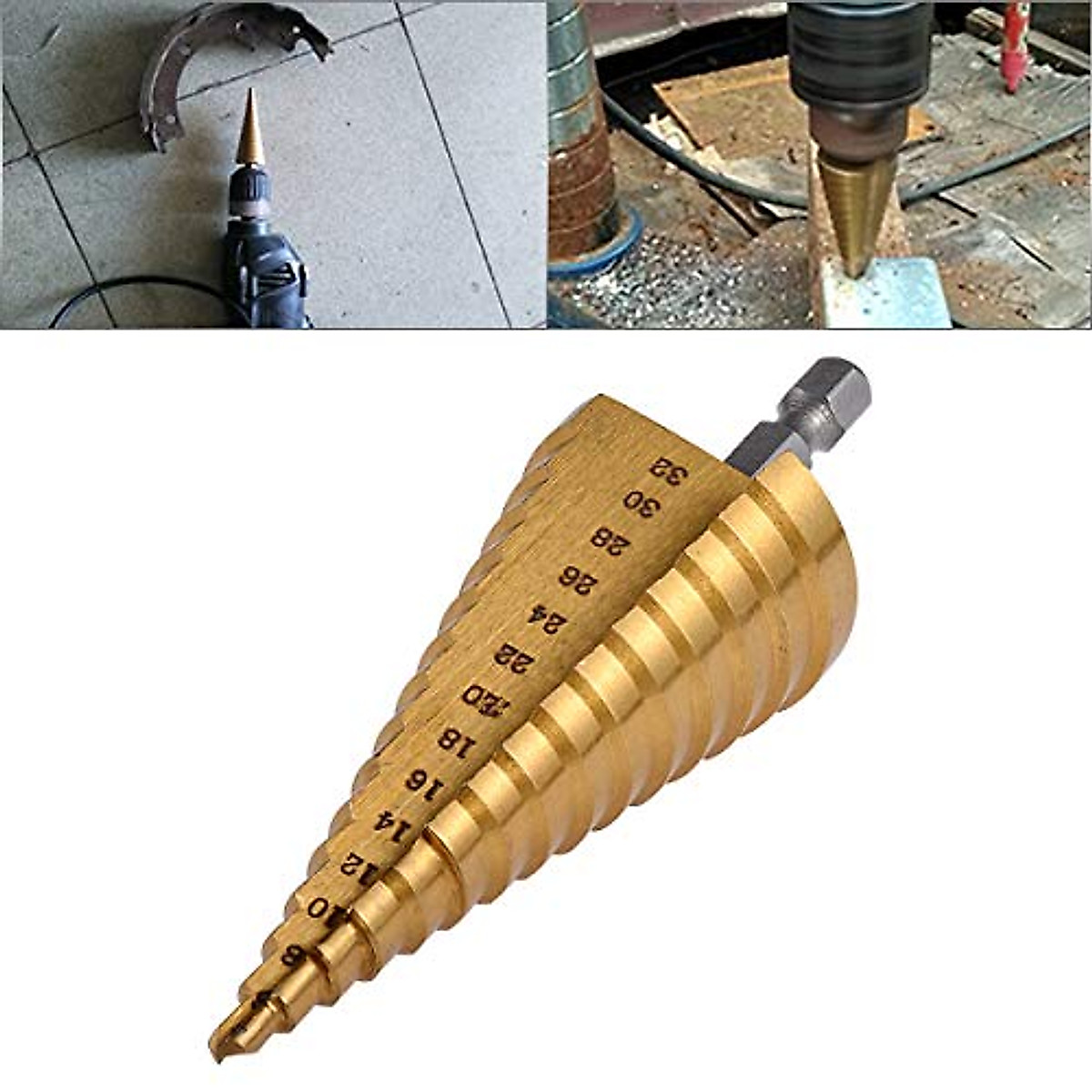 HOHXEN 1/4 Hex Shank Titanium Step Drill Bit High Speed Steel 15 Steps Hex Shank 4-32MM