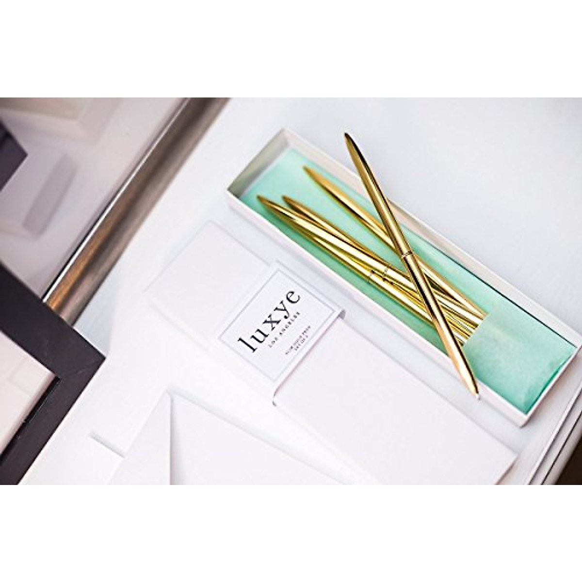 Gold Pens with Black Ink | Luxury Ballpoint Gold Pen Set of 6 in Glossy White Gift Box | Gold Office Supplies for Women Men - Slim Nice Pens for Writing (Gold/Black Ink)