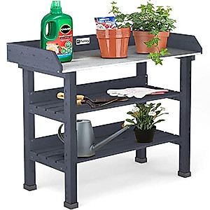 Elevens Potting Bench Tables Outdoor, Potting Table Garden Work Station Metal Tabletop Solid Wood Planting Bench with 2 Tier Storage Open Shelf (4 Feet/Grey)