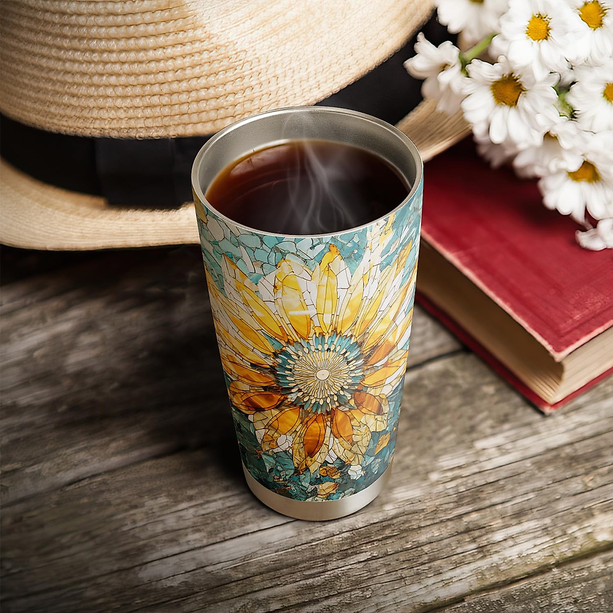 ORCAE 20oz Beautiful Colorful Daisy Flower, Stained Glass Style Flowers, Yellow White Flower Tumbler Cup, Insulated Travel Mug with Lid, Coffee Thermos for Men, Women, Gifts for Women - K