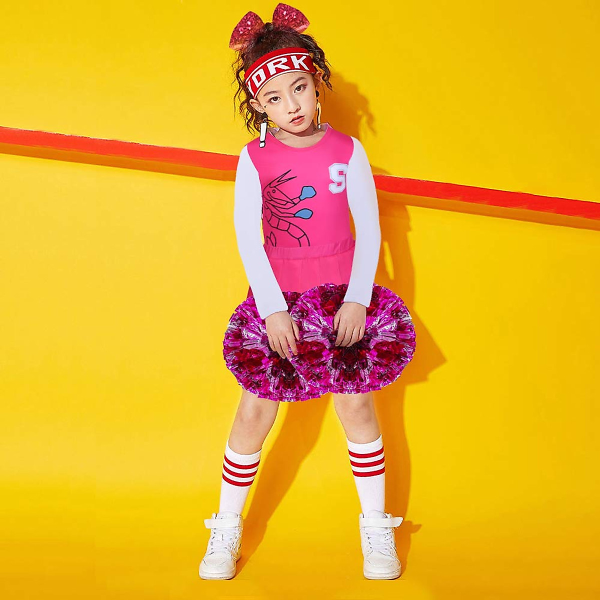 Zombies Cheerleader Costume for Girls Rose Dress Two Cheerleader Pom Poms Matching Hair Rope