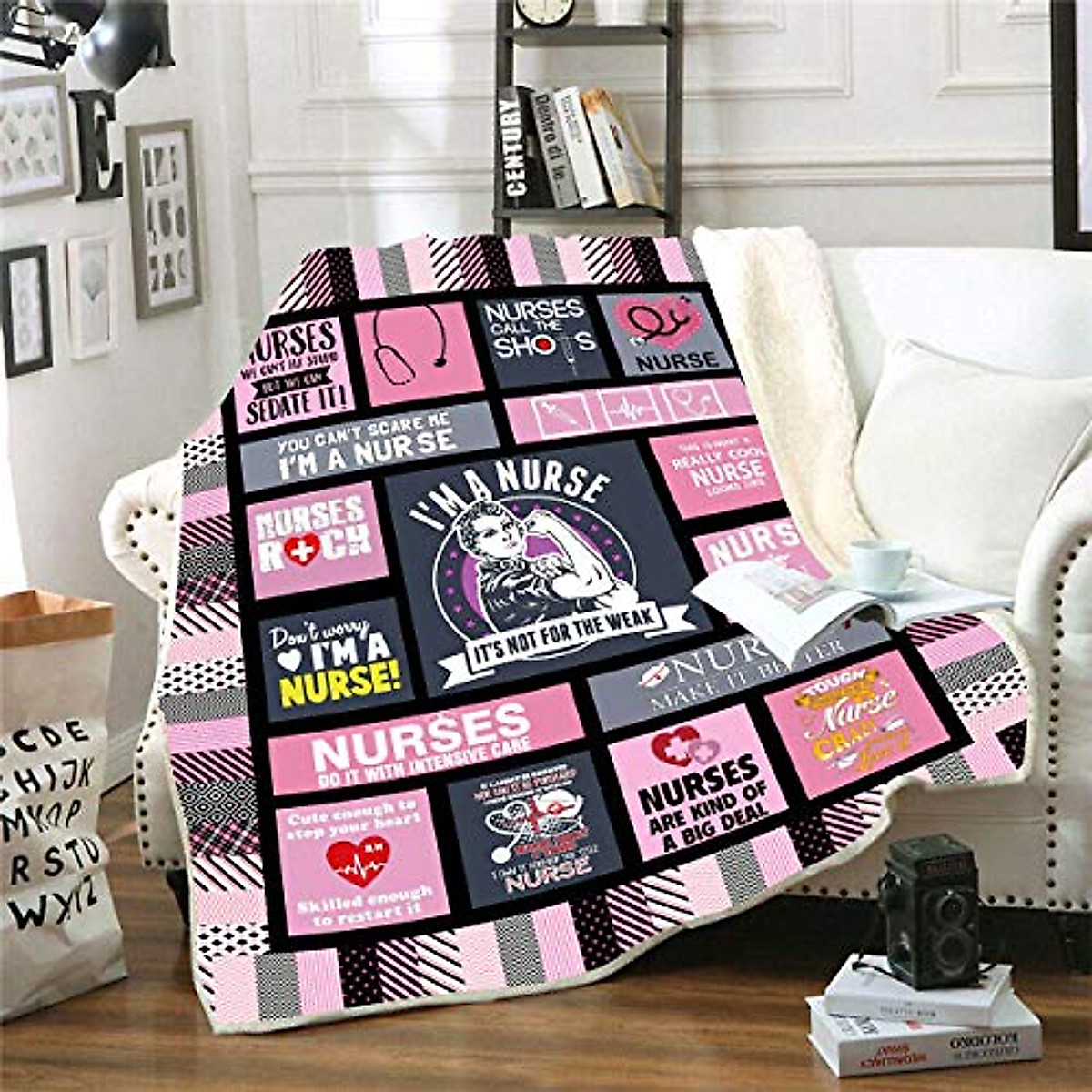 Ultra Soft Nurse Theme Blanket Microfiber Plush Sherpa Blanket Gifts for Women Nurses Warm Cozy Fuzzy Throw Blanket for Bed and Couch (Style5, 130cm x 150cm(51'' x 59''))