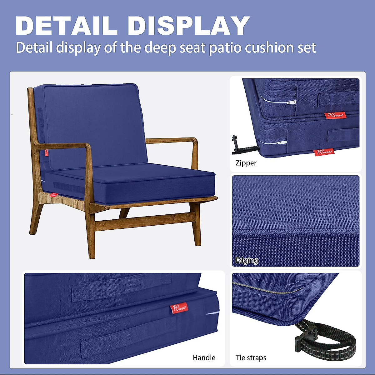 Pcinfuns Outdoor Deep Seat Cushions 24 x 24 Inch Chair Cushions for Patio Furniture,Thick 3 Inch Patio Pads with Removable Cover with Handle & Adjustable Straps for Patio,Yard,Garden,Deep Blue
