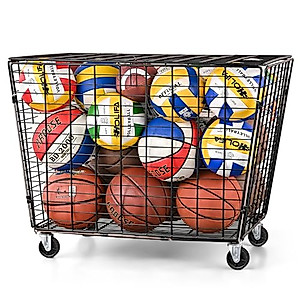 Mythinglogic Rolling Sports Ball Storage Cart, Sports Lockable Ball Storage Locker with Elastic Straps, Stackable Ball Cage for Garage Storage Garage Organizer (Large Set)