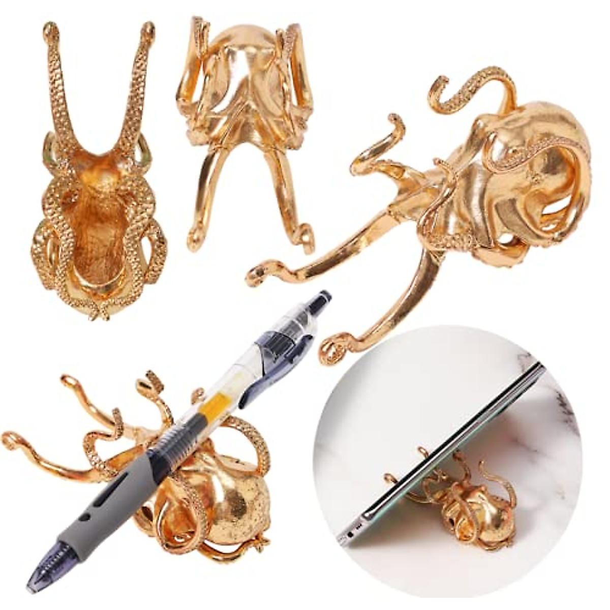ZWIFEJIANQ Cell Phone Stand, 2 Pack Octopus Phone Stand Modern Brass Octopus Cell Phone & Signature Pen Holder, Universal Cellphone Stand Metal Octopus Shaped Tabletop Decorative Phone Bracket