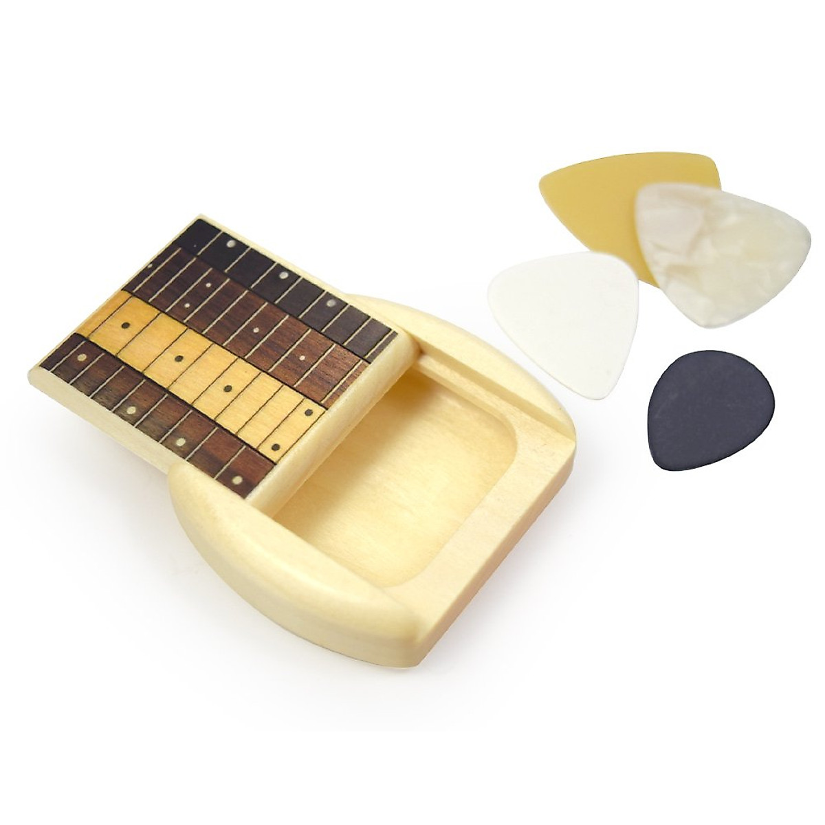 Guitar Pick Caddy Box, American Made Aspen Wood with 4 Picks