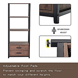 Industrial Wood Bookcase with Two Drawers, Book Storage Rack with Open Display Shelves 4-Tier Open Etagere Bookcase with Adjustable Foot Pads for Living Room, Bedroom, Office, Brown
