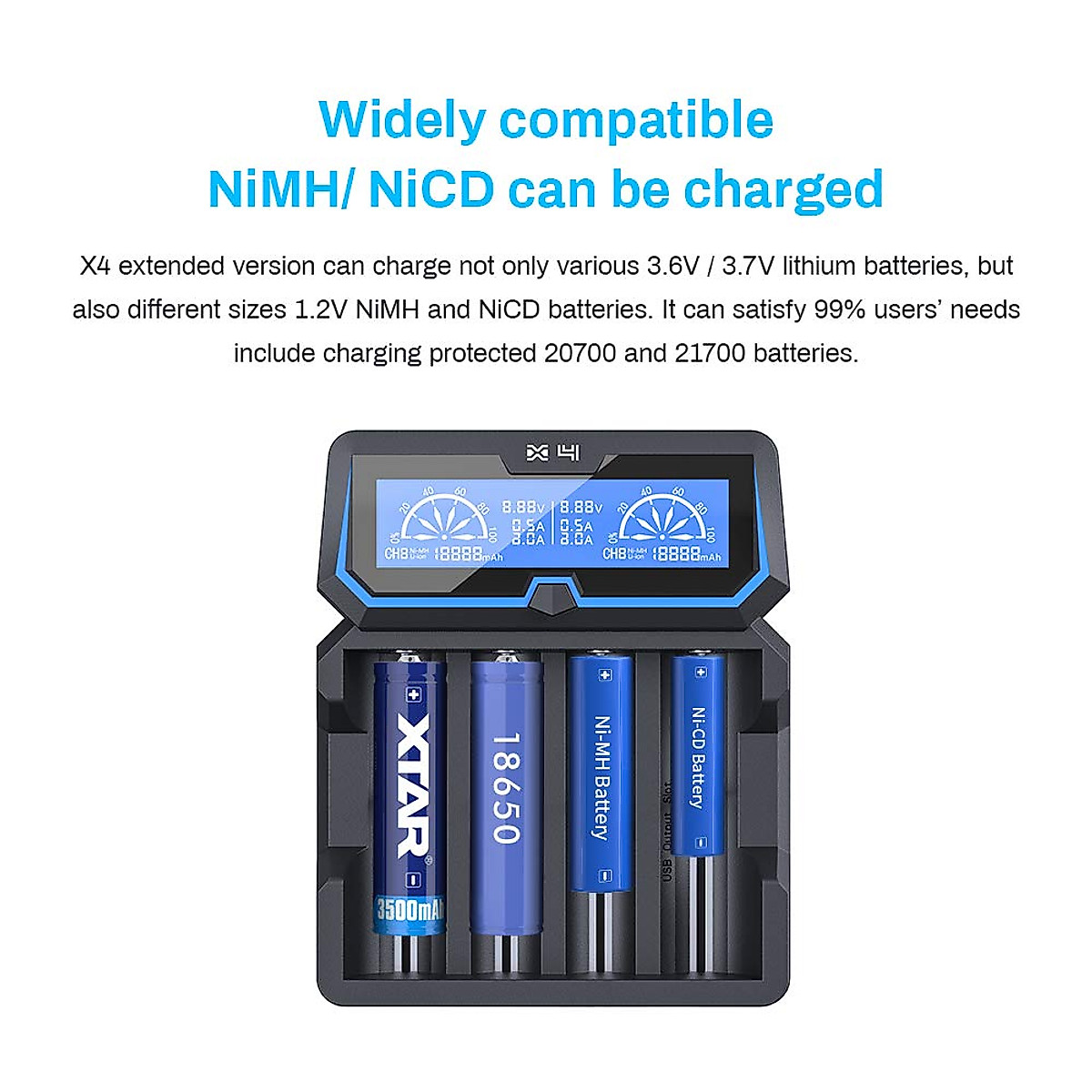 XTAR X4 Extended Version Protected 21700 20700 Battery Charger LCD Display AC Input Port 18650 Charger 2A Fast Charger with Mirco USB Output for Rechargeable 3.6V 3.7V Li-ion 1.2V Ni-MH Ni-CD Battery
