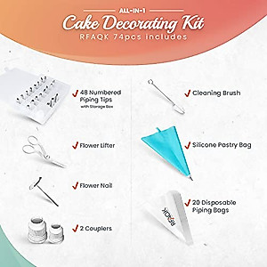 74PCs Icing Piping Bags and Tips Set-Cookie,Cupcake Icing Tips Cake Decorating Kit Baking Supplies -48 Numbered Cake Frosting Piping Tips with Reusable& Disposable Pastry Bags with Pattern Chart&Ebook