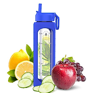 FIT Strong & Healthy 32 oz Glass Water Bottle with Time Marker & Silicone Sleeve - w/Handle & 2 Leakproof Lids Straw & Spout Lid, Wide Mouth, BPA Free 1 Liter Motivational Drinking Bottle, Royal Blue