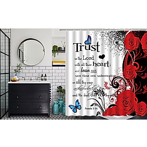 Inspirational Quote Bath Mat Red Rose Flower Butterfly Trust in The Lord with All Thine Heart Abstract Floral Art Bathroom Rug Decor