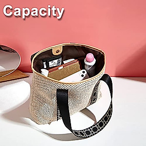 QTKJ Straw Bag, Beach Bags for Women, Soft Woven Beach Tote Canvas Shoulder Strap, Handmade Rattan Handbag for Vacation, Travel and Daily (Black 2)